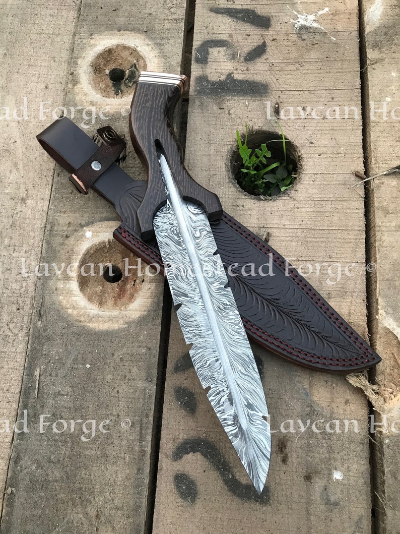 Handmade Damascus Steel Feather Knife With Leather Sheath - Etsy