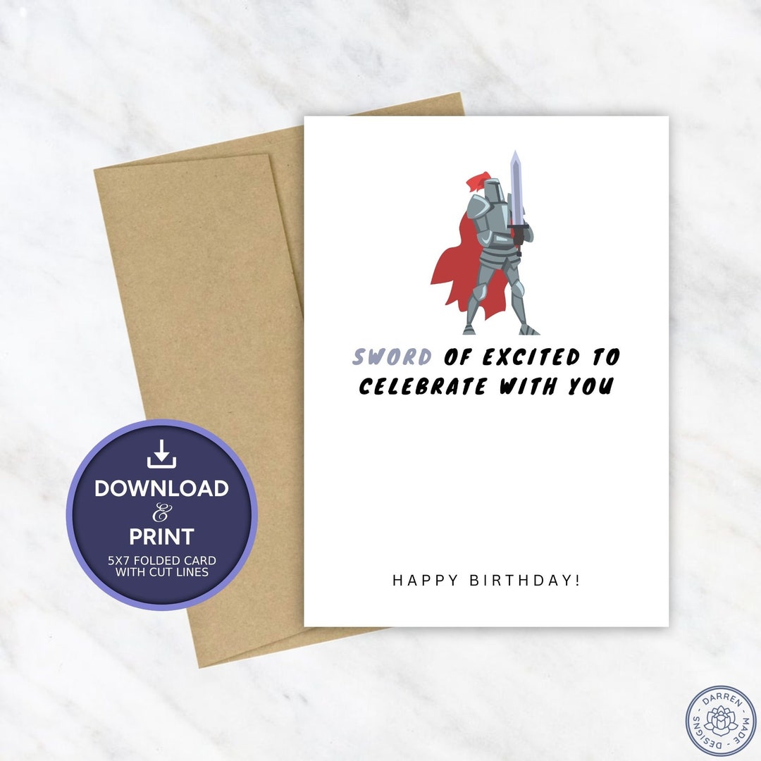 Printable Birthday Card | Knight Sword Birthday Card | Instant Digital ...