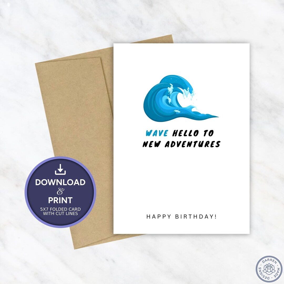 Printable Birthday Card | Wave Surfing Beach Birthday Card | Instant ...