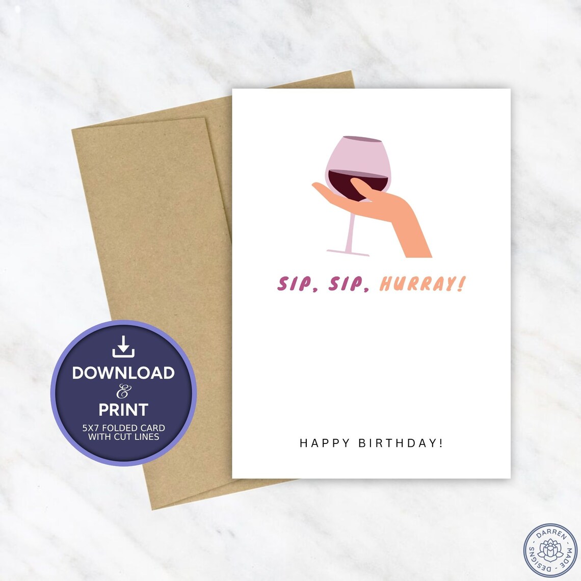 Printable Birthday Card | Wine Sip Drinking Birthday Card | Instant ...