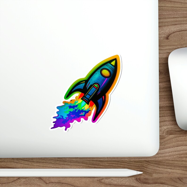 3" Space Bound Rocket Ship Rainbow Flames Laminate Vinyl Sticker ...