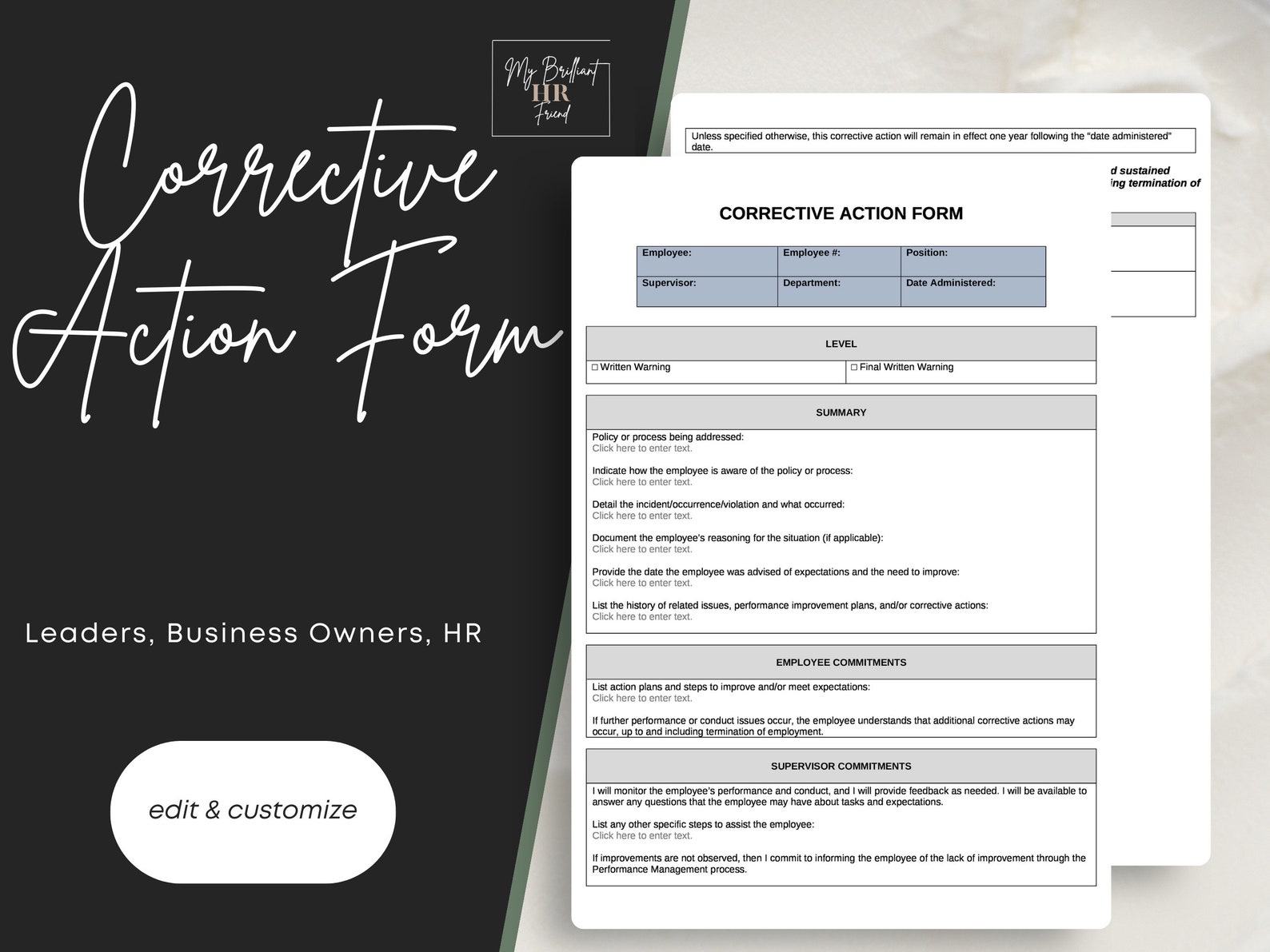 Corrective, Disciplinary, Warning Action Form | Performance Management ...