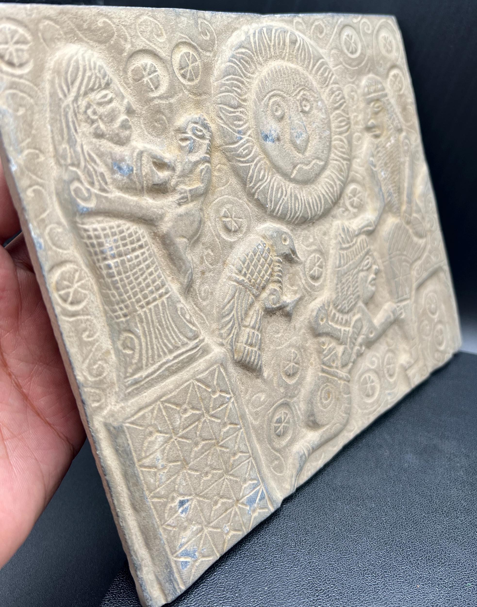 Ancient Carved Mesopotamia Civilization Tile Depicting Figures and Sun ...