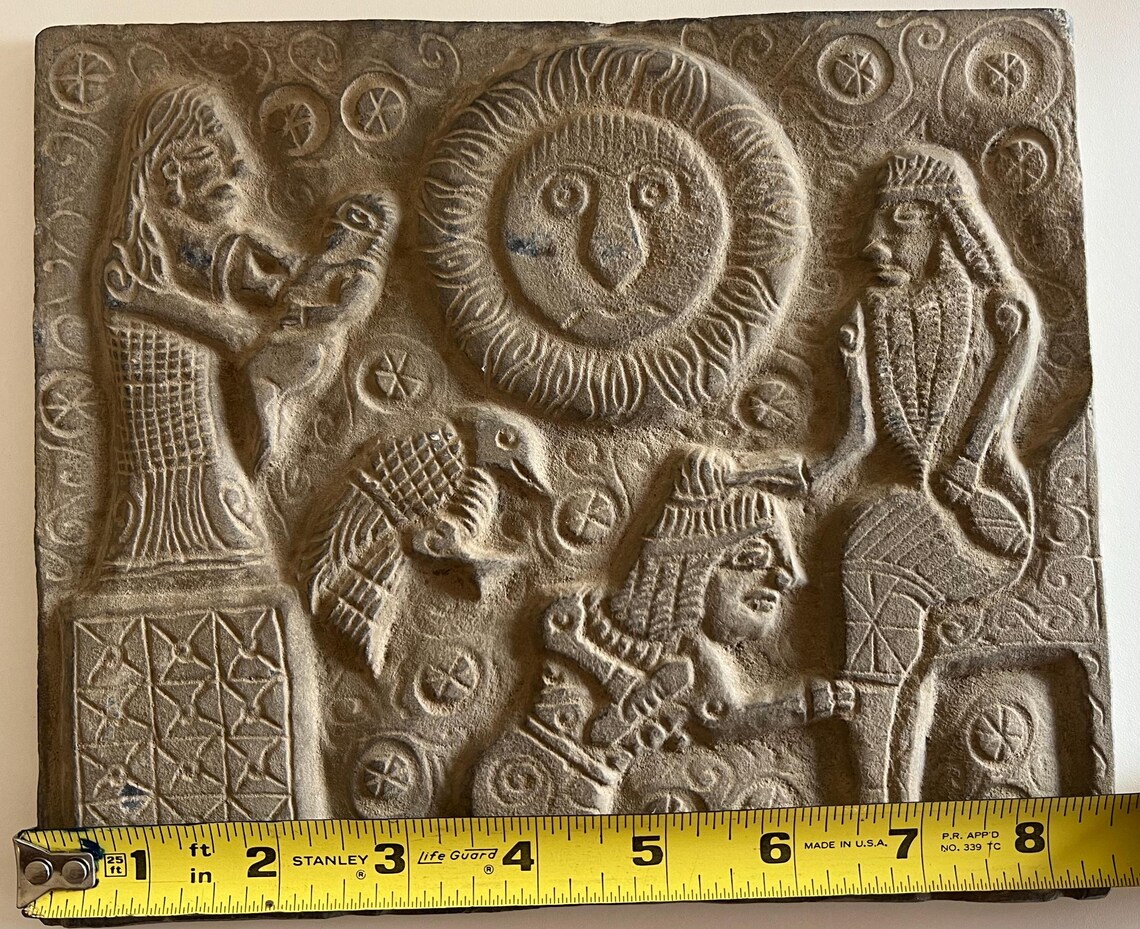 Ancient Carved Mesopotamia Civilization Tile Depicting Figures and Sun ...