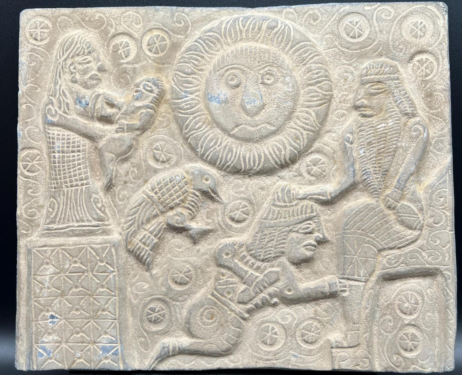 Ancient Carved Mesopotamia Civilization Tile Depicting Figures and Sun ...