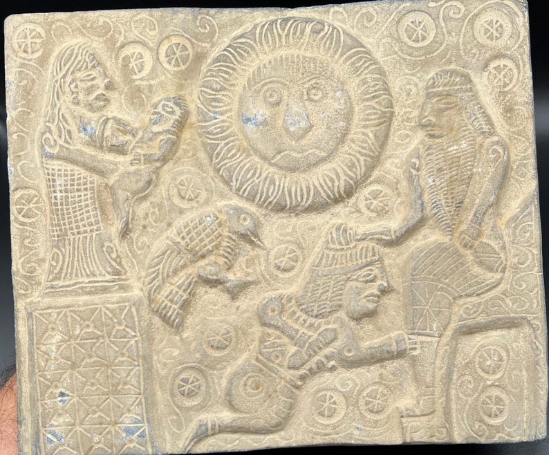 Ancient Carved Mesopotamia Civilization Tile Depicting Figures and Sun ...