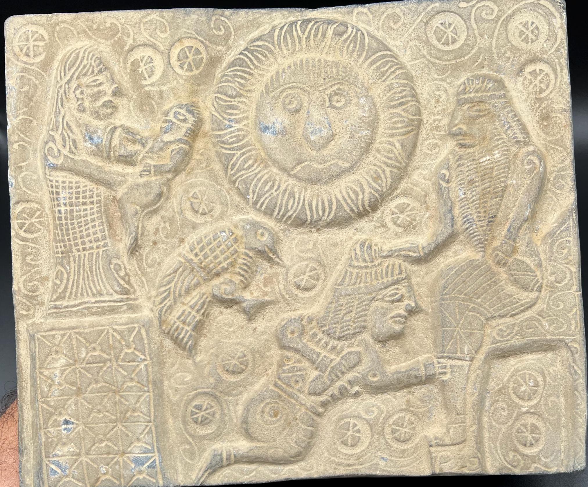 Ancient Carved Mesopotamia Civilization Tile Depicting Figures and Sun ...