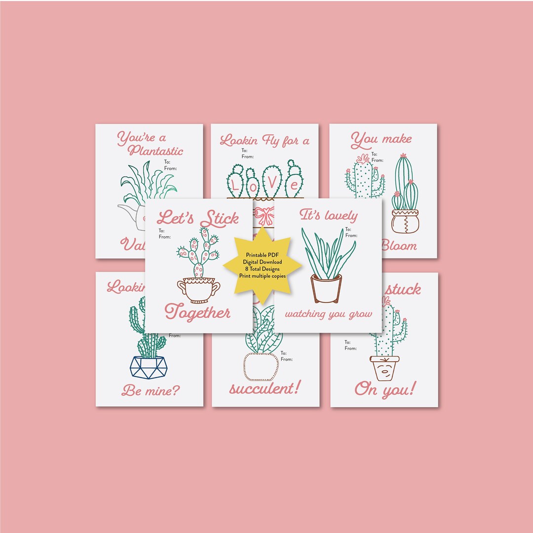 Printable Valentines Day Cards Kids Valentines Plant Cactus Theme ...