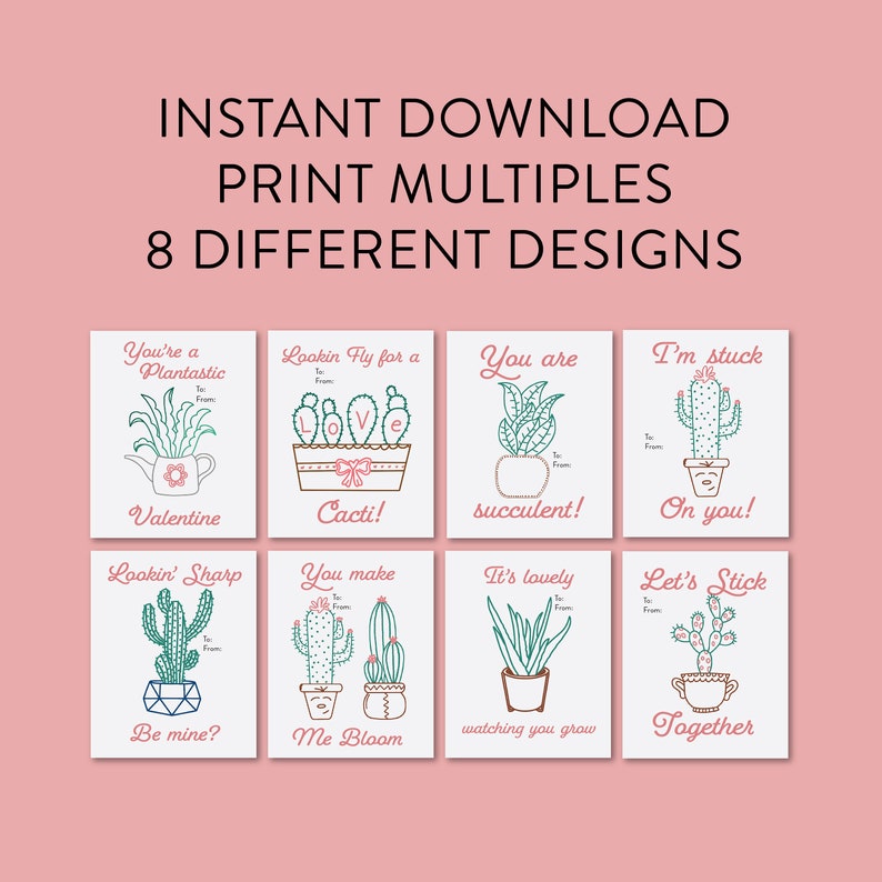 Printable Valentines Day Cards Kids Valentines Plant Cactus Theme ...