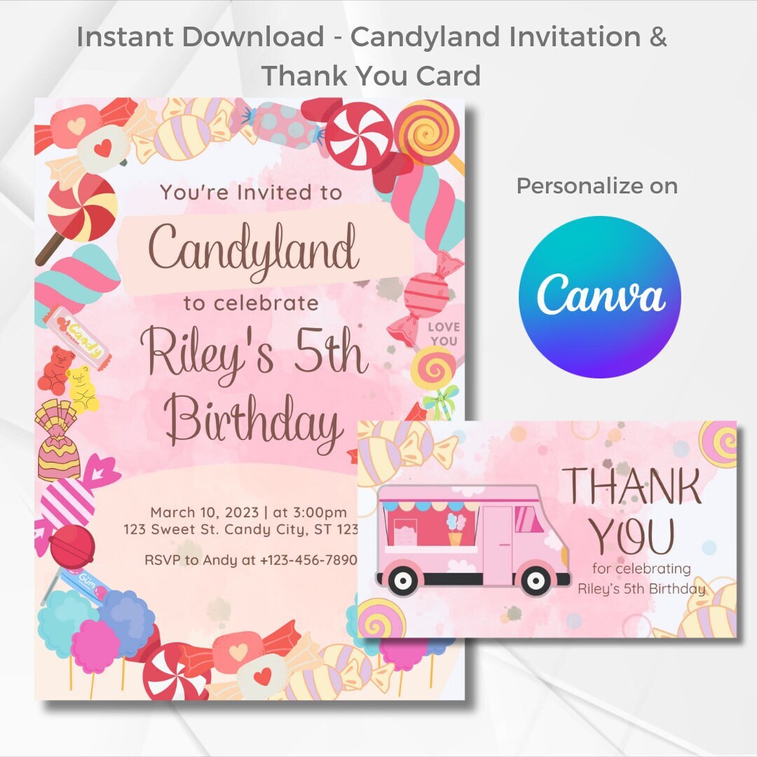 Candyland Birthday Invitation Thank You Card Birthday Party Candy Theme ...