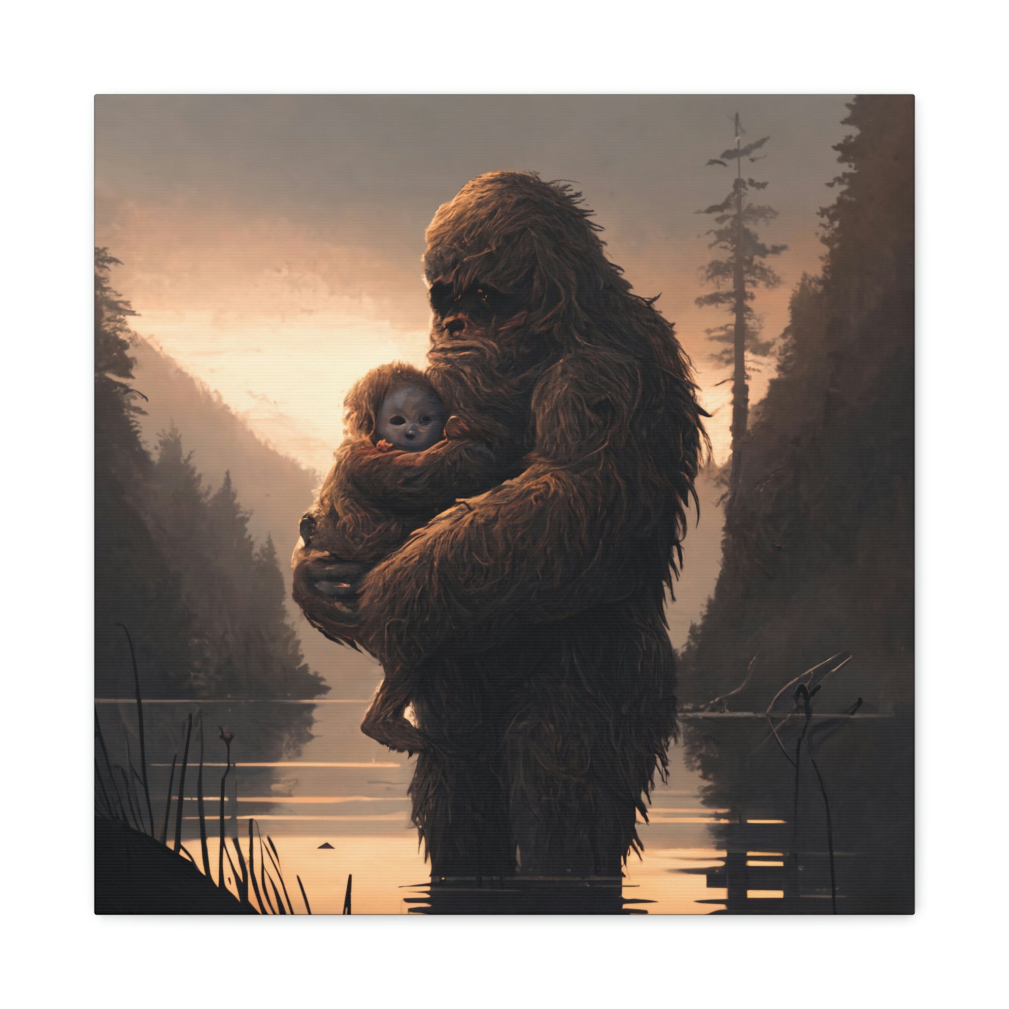 Sasquatch Mother and Child Wildlife Art, Sasquatch Bigfoot Canvas Wall ...