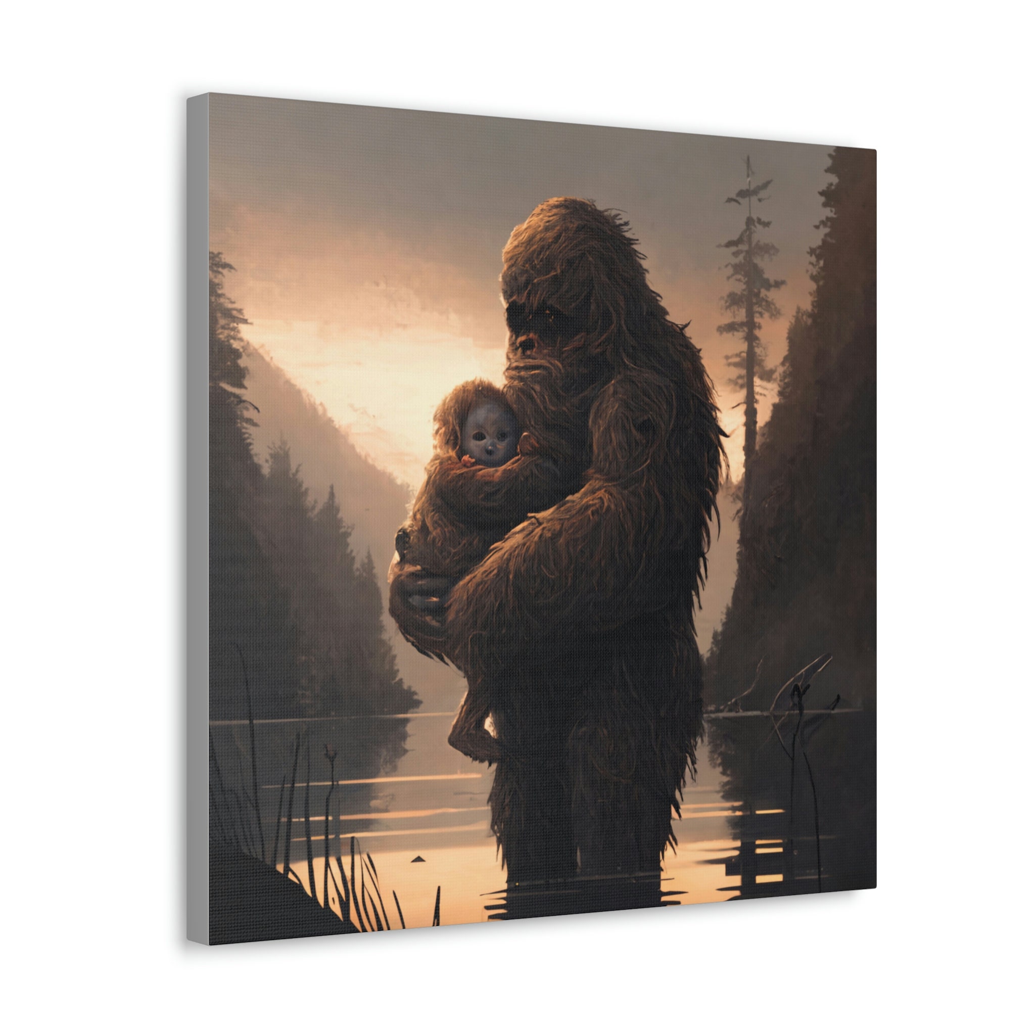 Sasquatch Mother and Child Wildlife Art, Sasquatch Bigfoot Canvas Wall ...