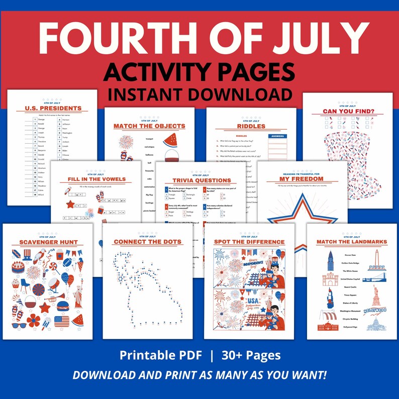4th of July Activity Pages, Patriotic Games (printable PDF) - Etsy