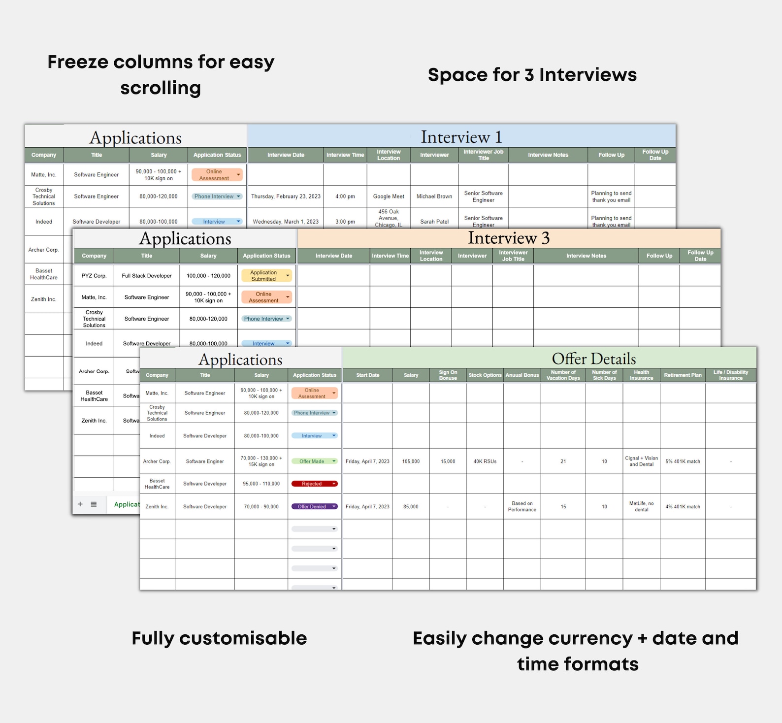 Job Tracker | Google Sheets and Excel | Space for 3 Interviews ...