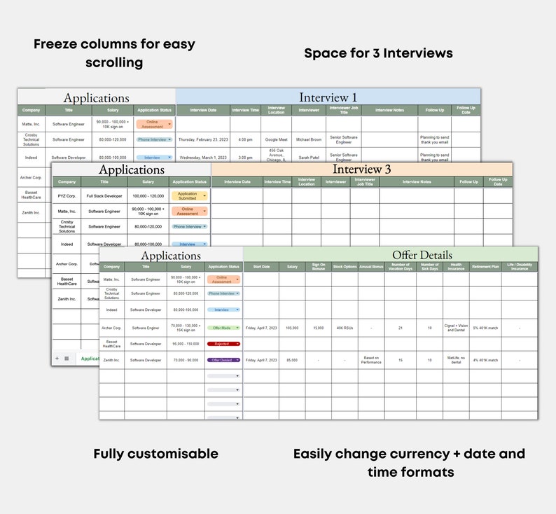 Job Tracker Google Sheets and Excel Space for 3 Interviews Section for ...