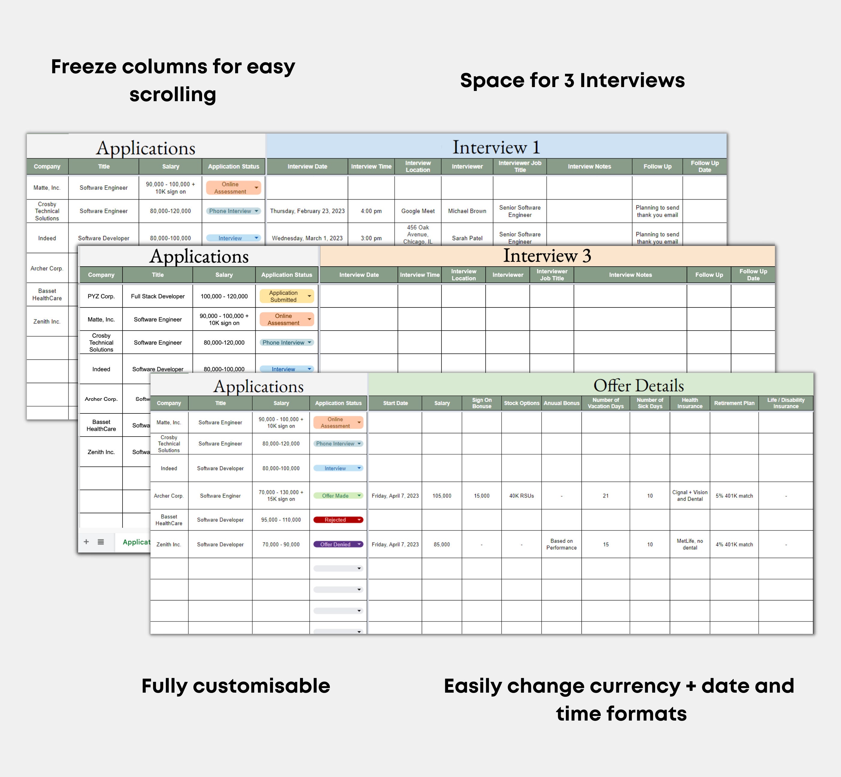 Job Tracker | Google Sheets and Excel | Space for 3 Interviews ...