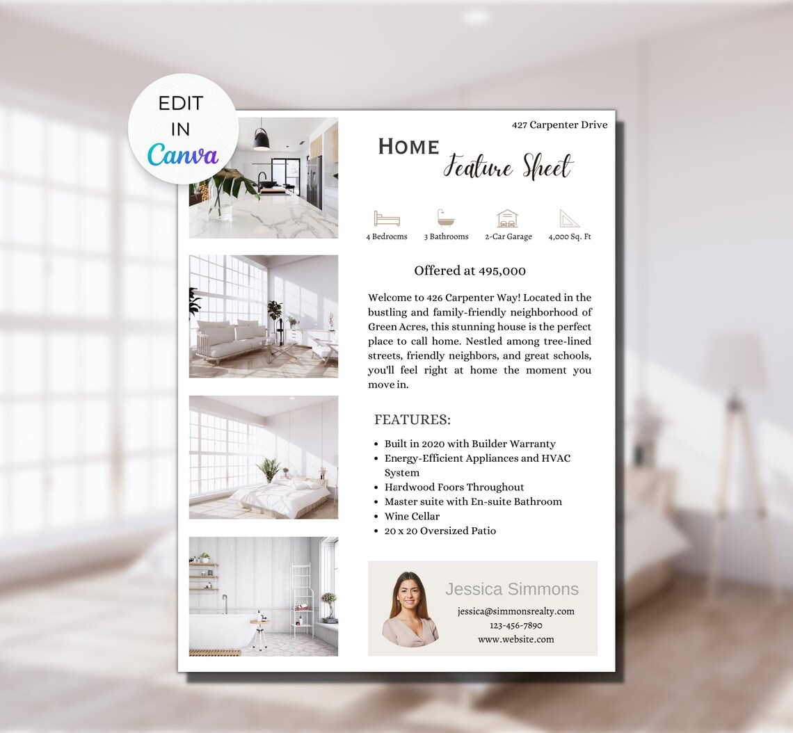 Modern Real Estate Feature Sheet Template | Canva Editable Flyer ...