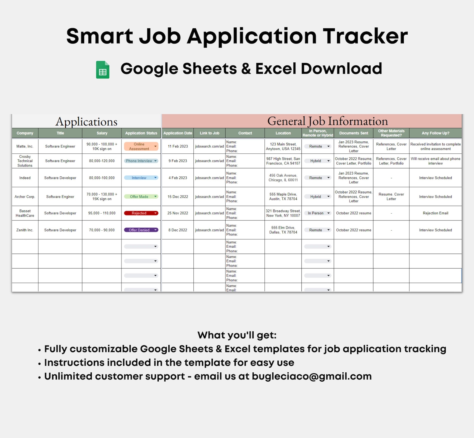 Job Tracker | Google Sheets and Excel | Space for 3 Interviews ...