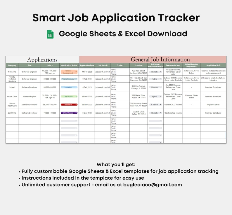 Job Tracker | Google Sheets and Excel | Space for 3 Interviews ...