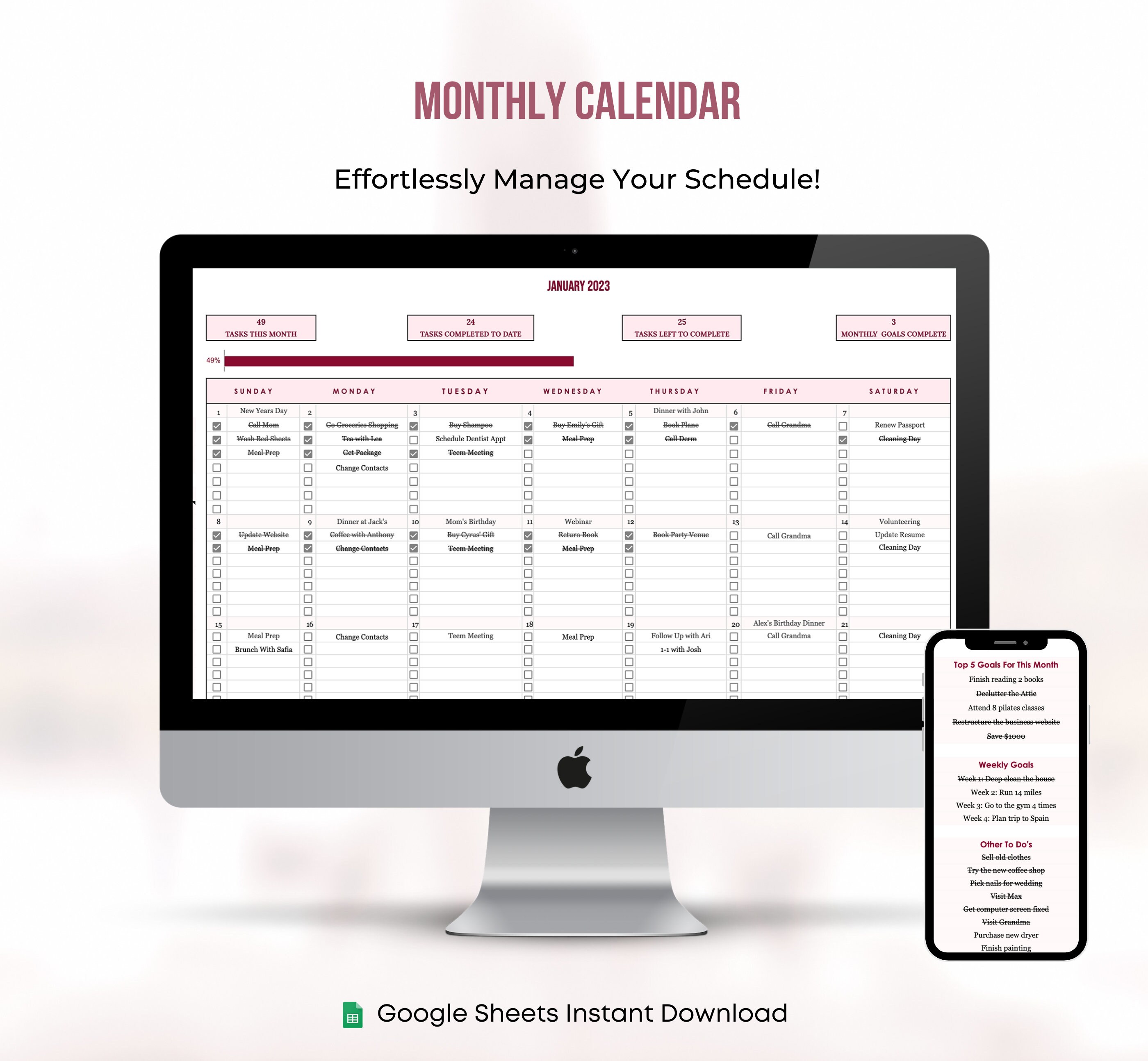 2023 Monthly Calendar Spreadsheet | Google Sheets Template | to Do List ...