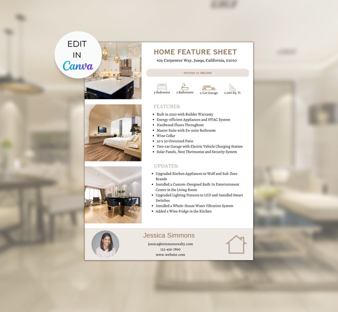 Customizable Real Estate Home Feature Sheet Template Canva Flyer With ...