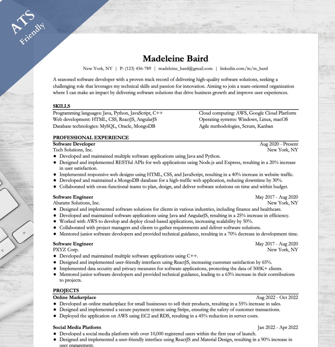 Simple & Professional Tech ATS Template | Cover Letter and References ...