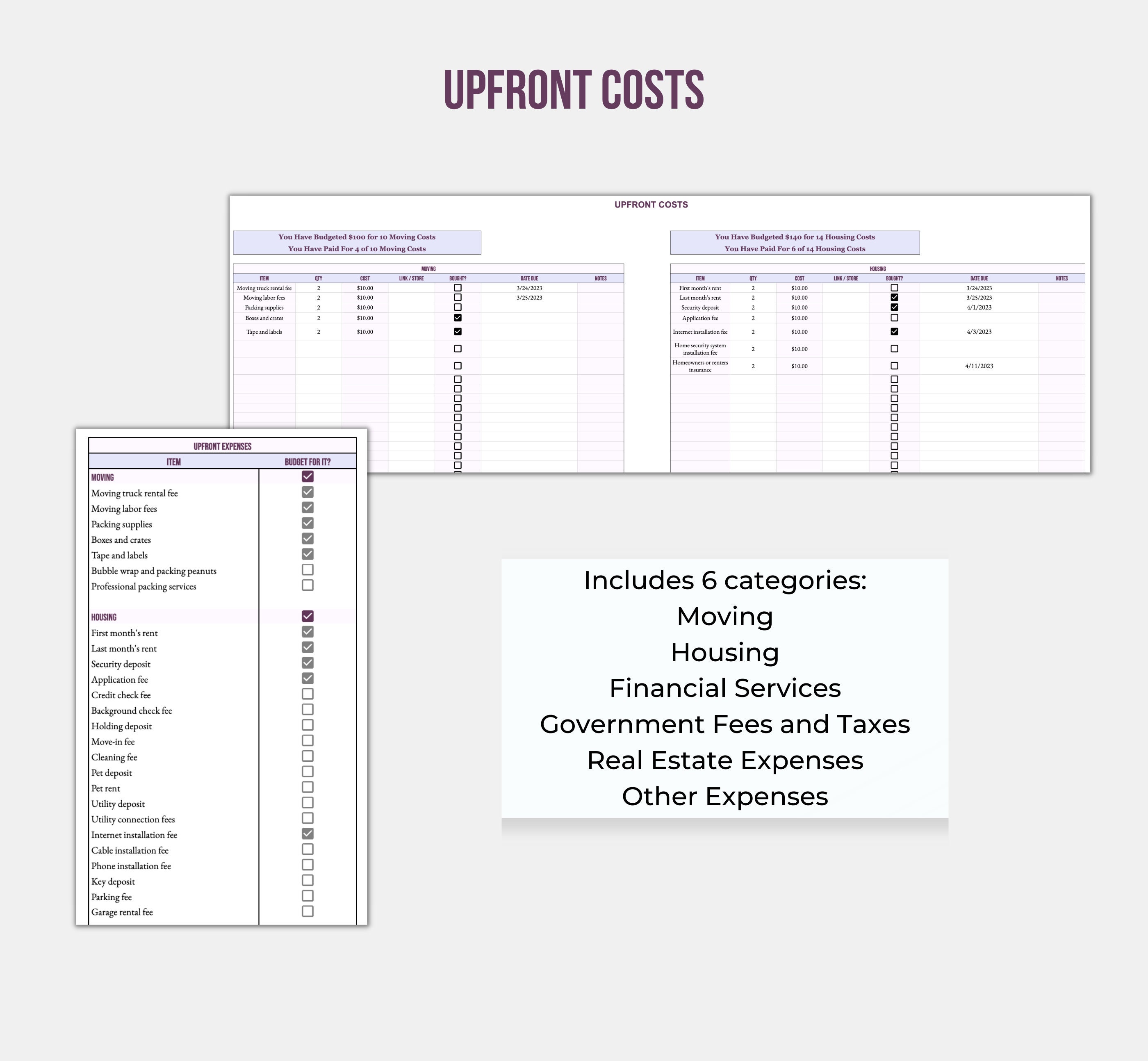 Moving Planner & Budget | Google Sheets Spreadsheet | Dashboard | Room ...