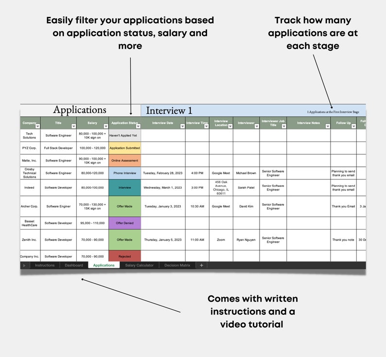 Excel Job Application Tracker Bundle With Decision Matrix & Salary ...
