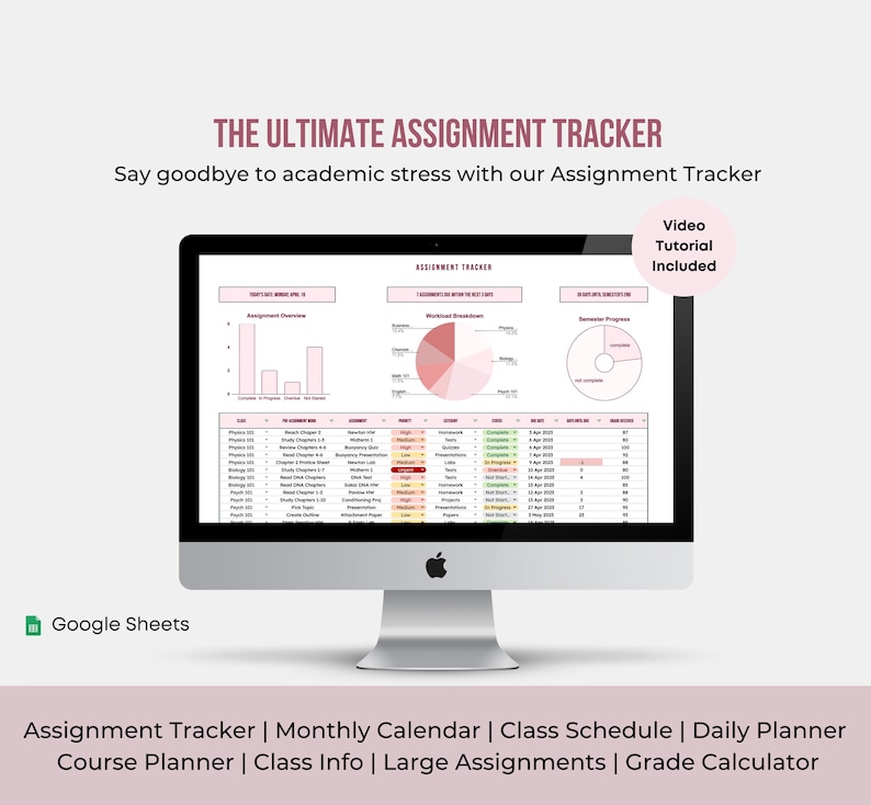Assignment Tracker | Student Planner | Google Sheets Spreadsheet ...