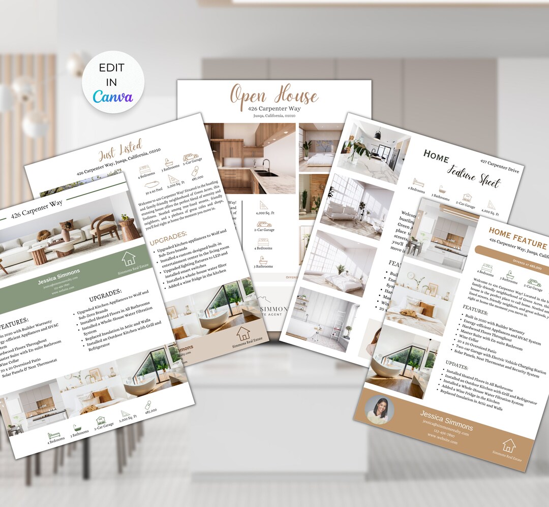 Real Estate Home Feature Sheet Template Bundle | Property Listing | 5 ...