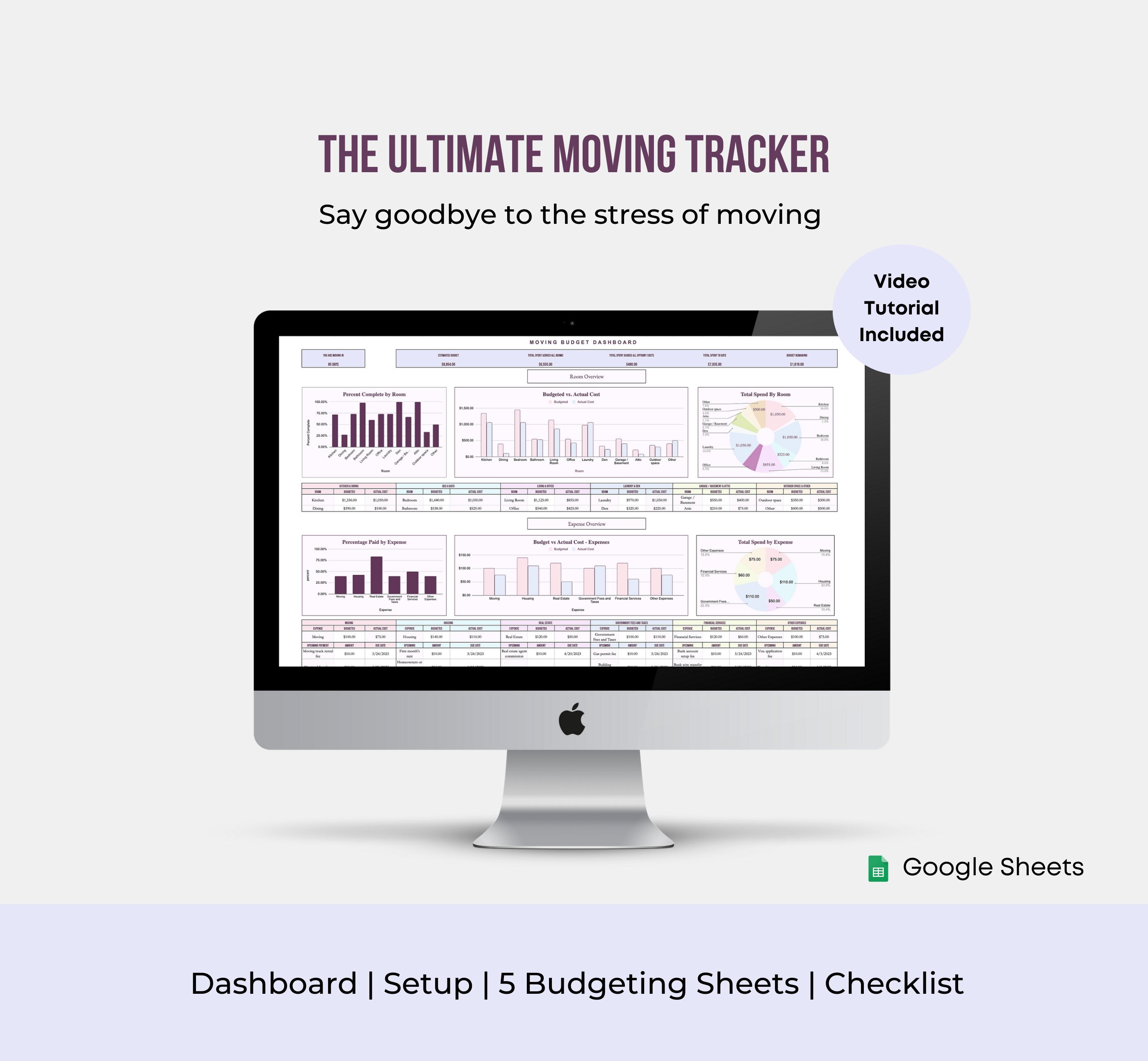 Moving Planner & Budget | Google Sheets Spreadsheet | Dashboard | Room ...