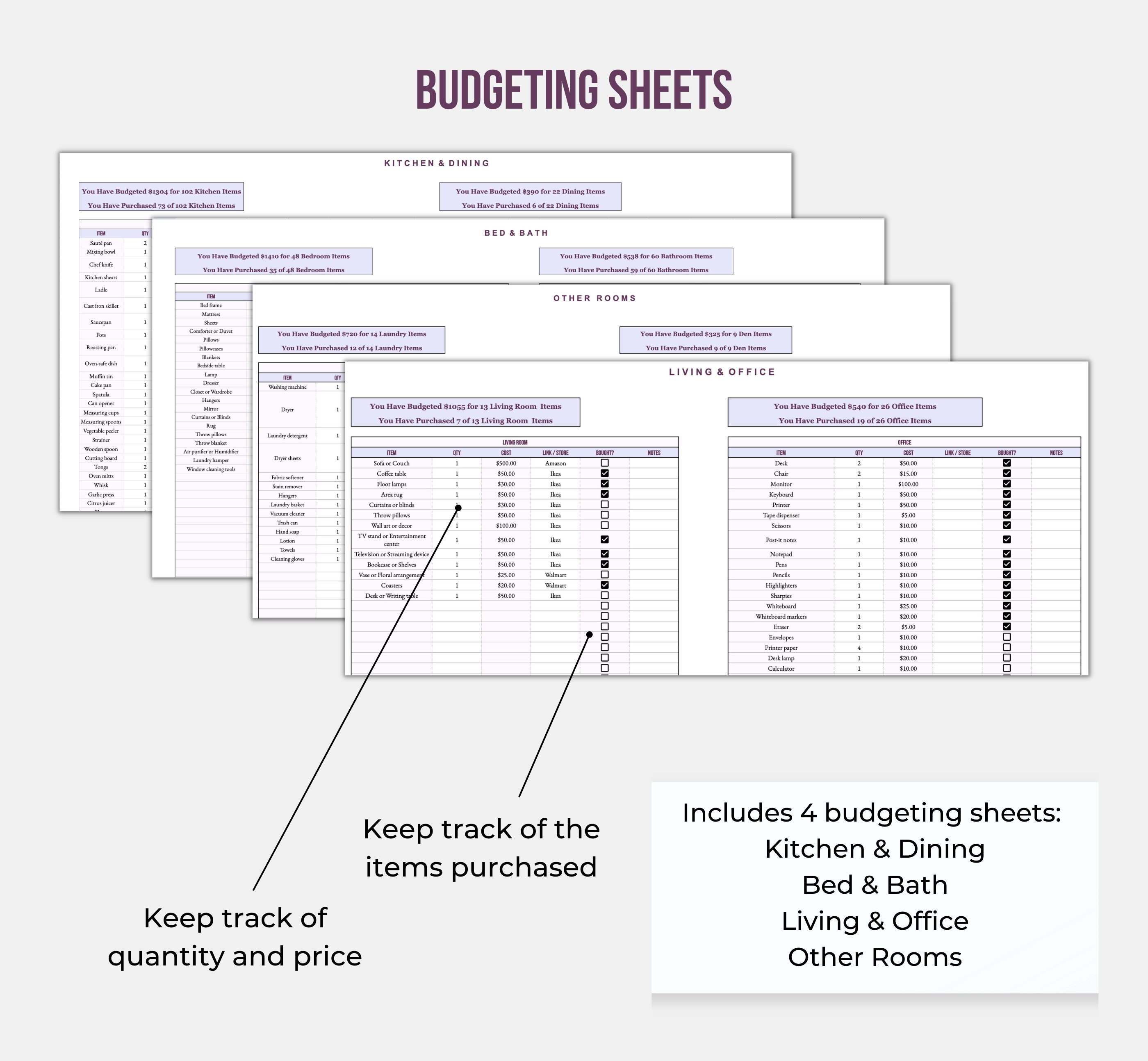 Moving Planner & Budget | Google Sheets Spreadsheet | Dashboard | Room ...