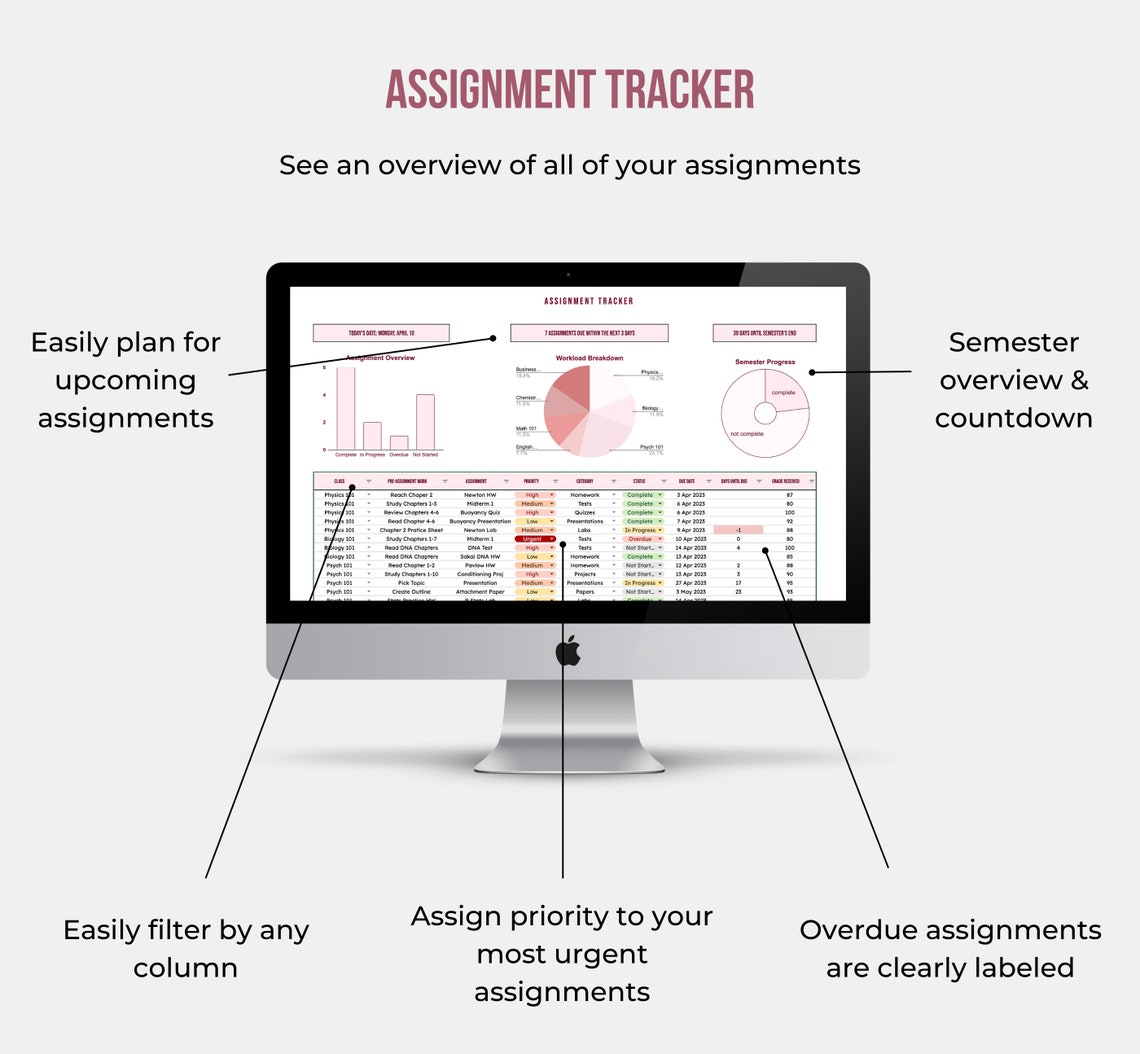 Assignment Tracker | Student Planner | Google Sheets Spreadsheet ...