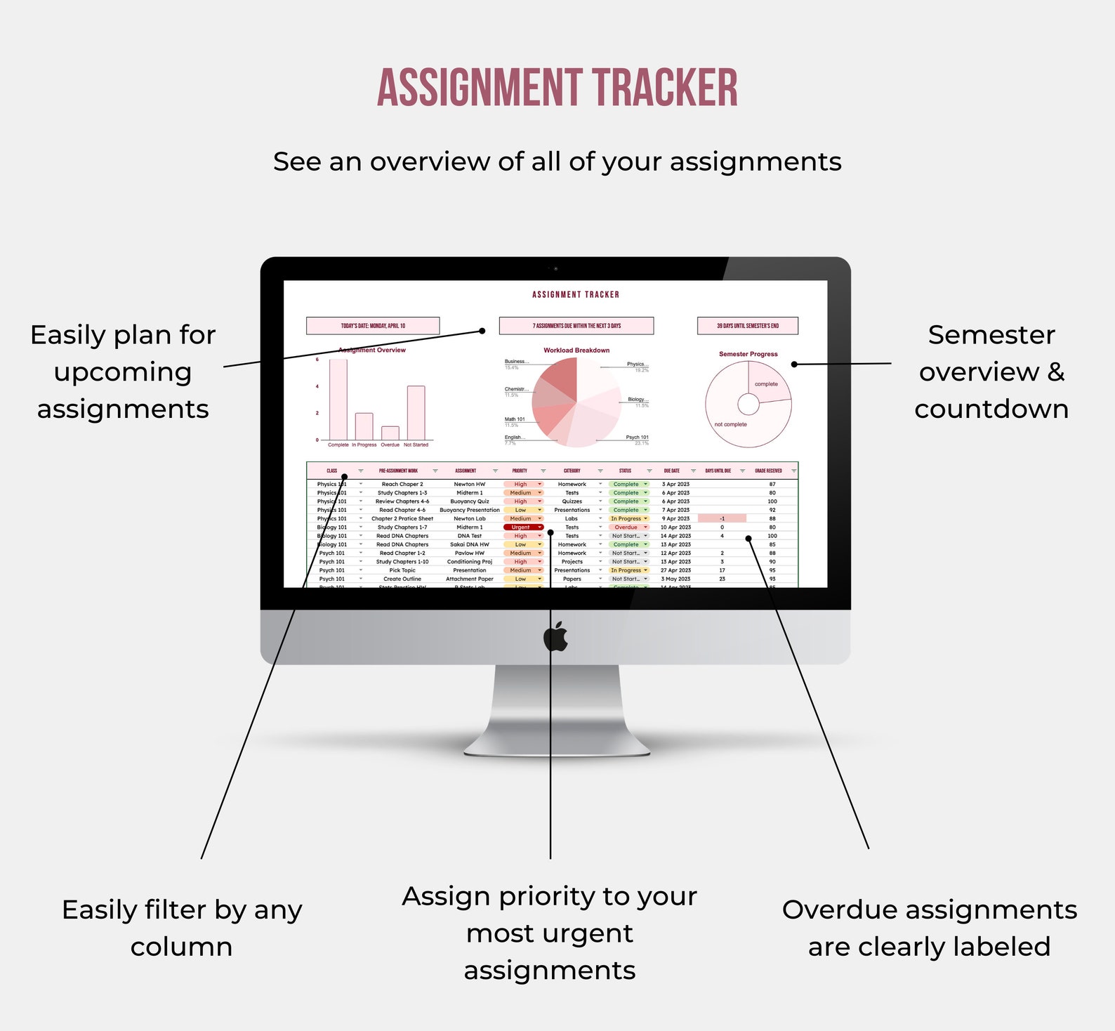 Assignment Tracker | Student Planner | Google Sheets Spreadsheet ...