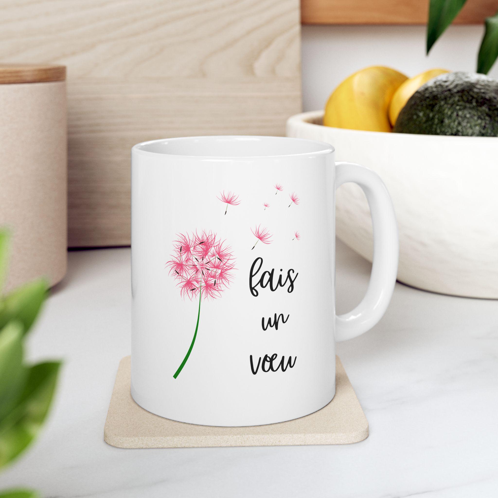 French 'fais Un Voeu' Coffee Mug: Pink Flower Souvenir - Etsy