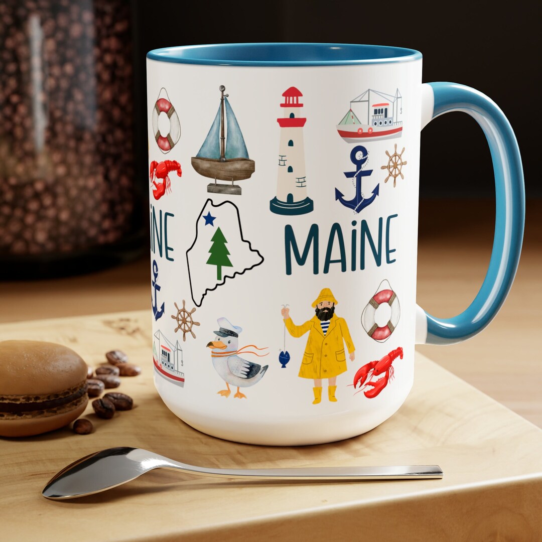 MAINE Nautical Two-tone Coffee Mugs, 15oz, Gift, Family, Cup, Lighthouse, Fishing, Lobster ...