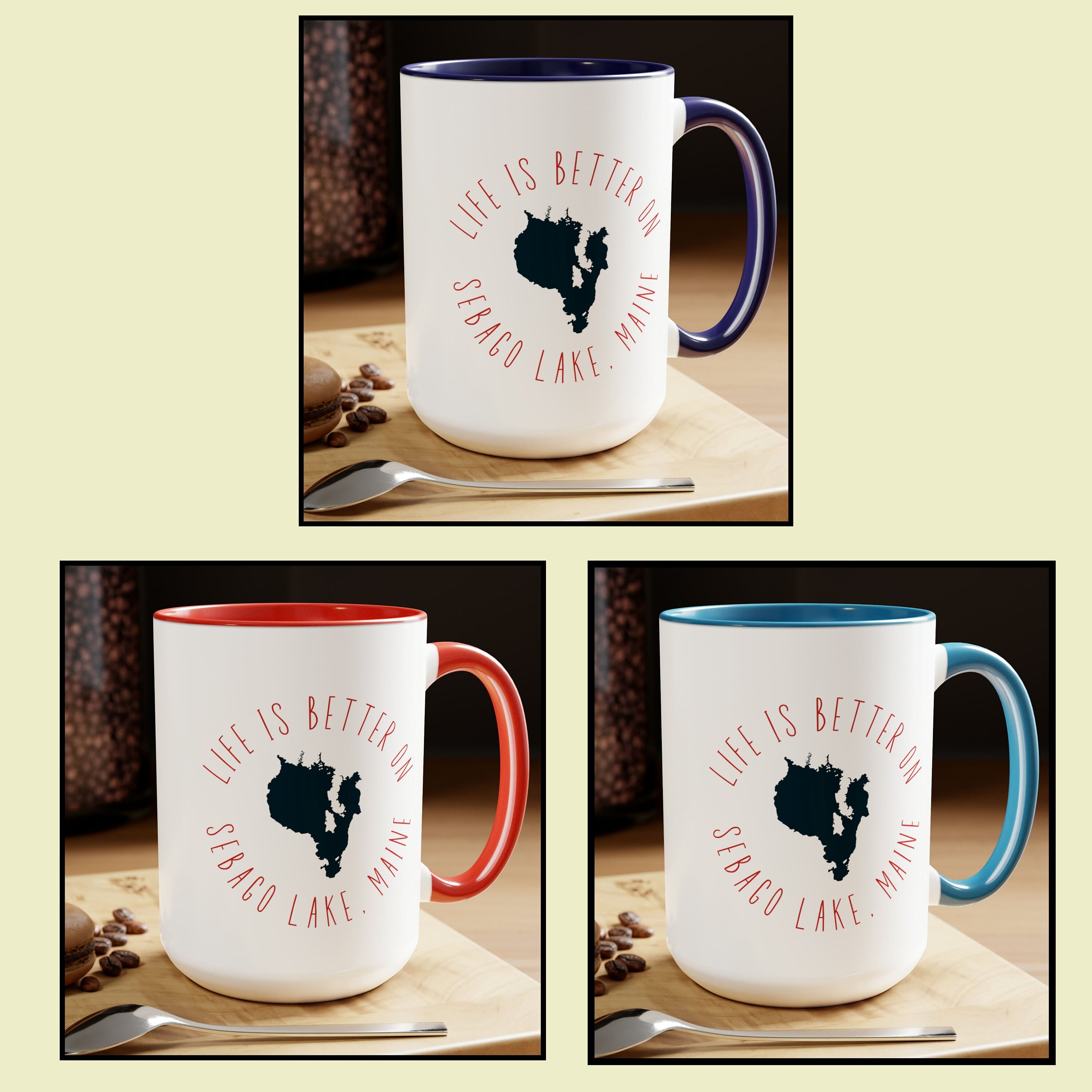 Sebago Lake, Map, Two-tone Coffee Mugs, 15oz, Life is Better On, Cup ...