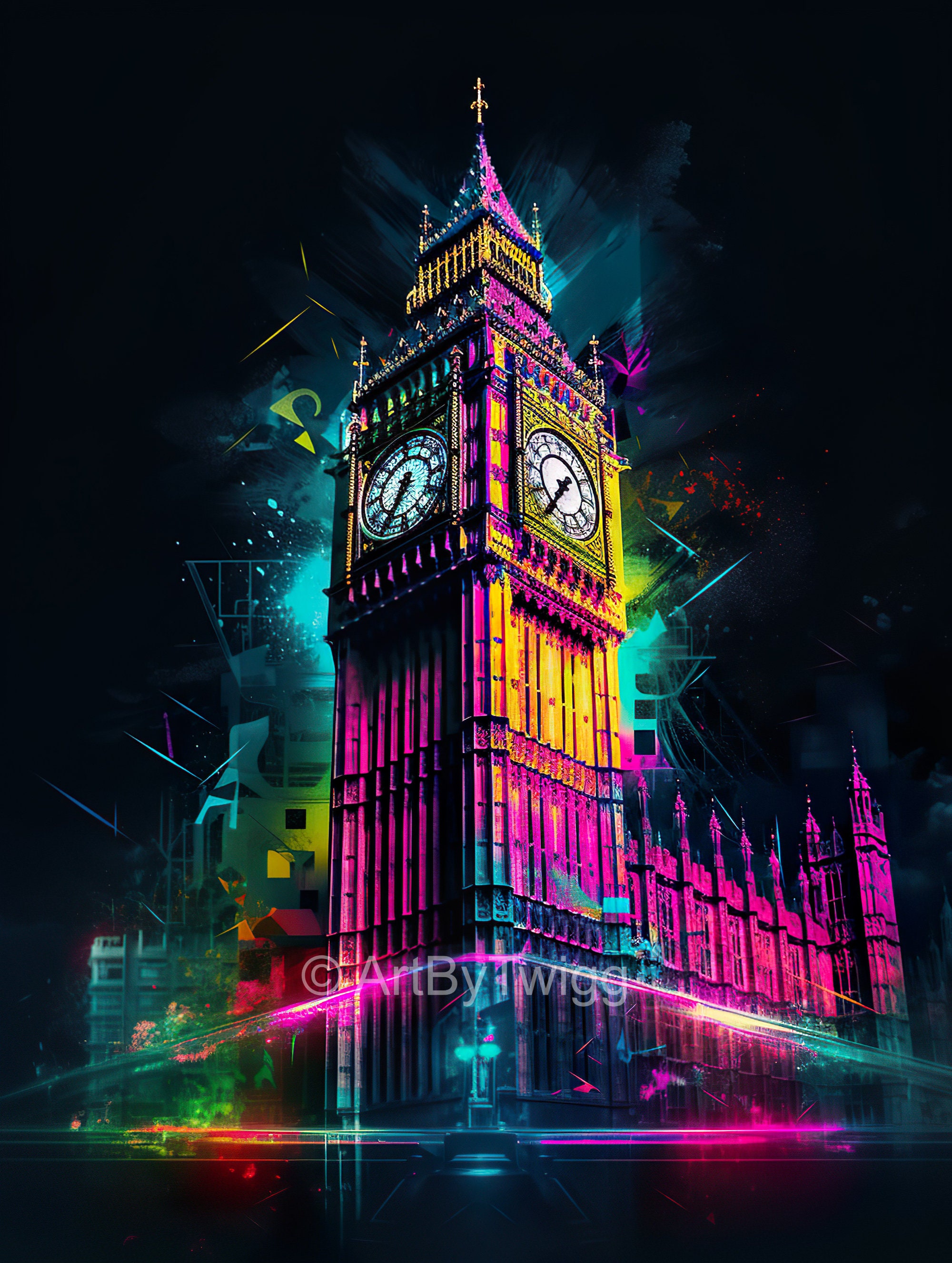 Neon Cyberpunk Big Ben - Vibrant Digital Wall Art Print, London ...