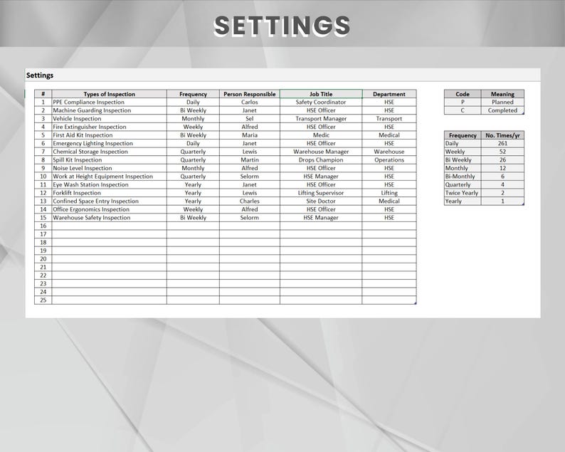 Workplace Inspection Schedule | Health and Safety Template | Excel ...