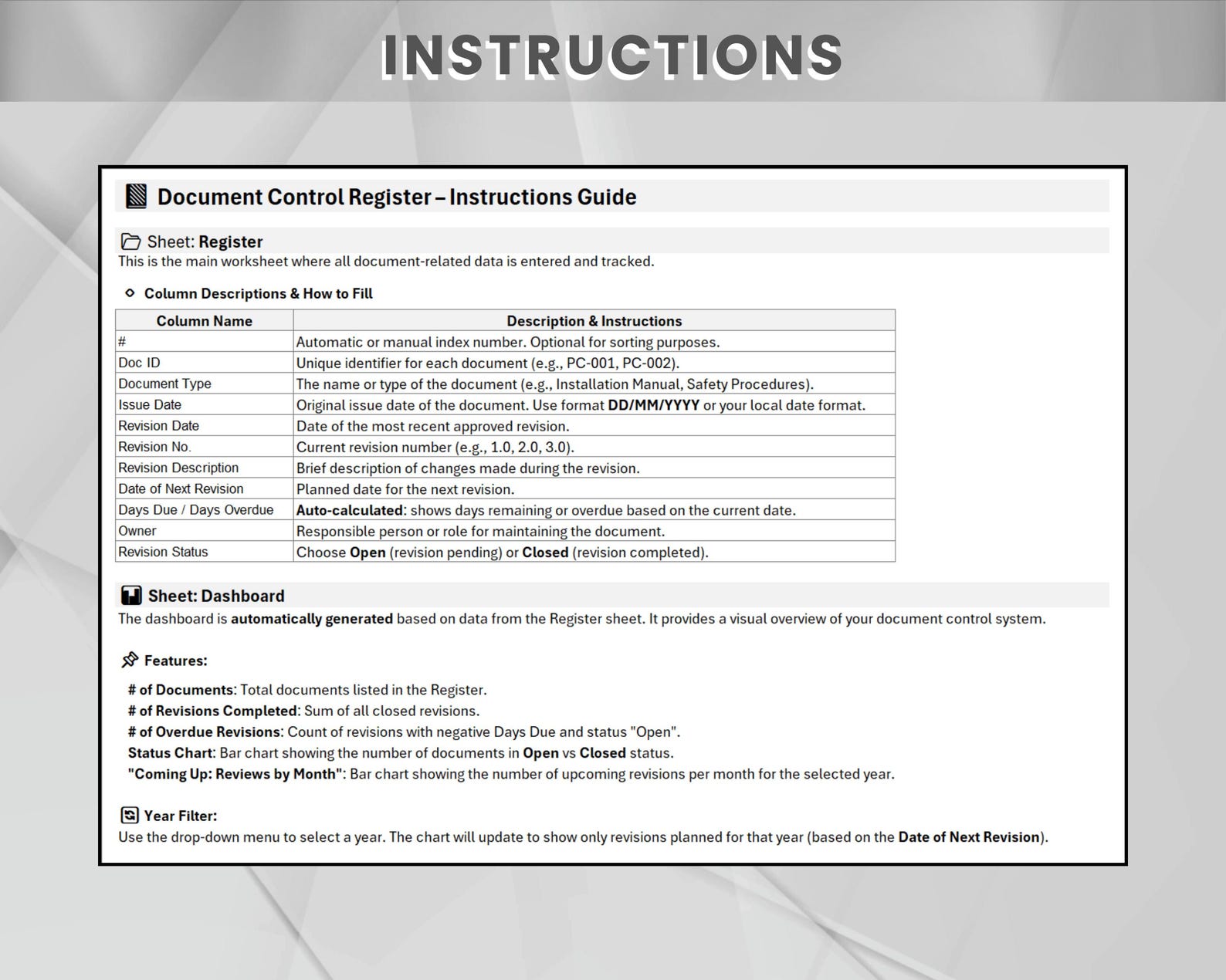 Document Control Register Excel Template With Automated Dashboard ...