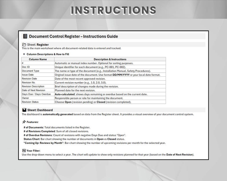 Document Control Register Excel Template With Automated Dashboard ...