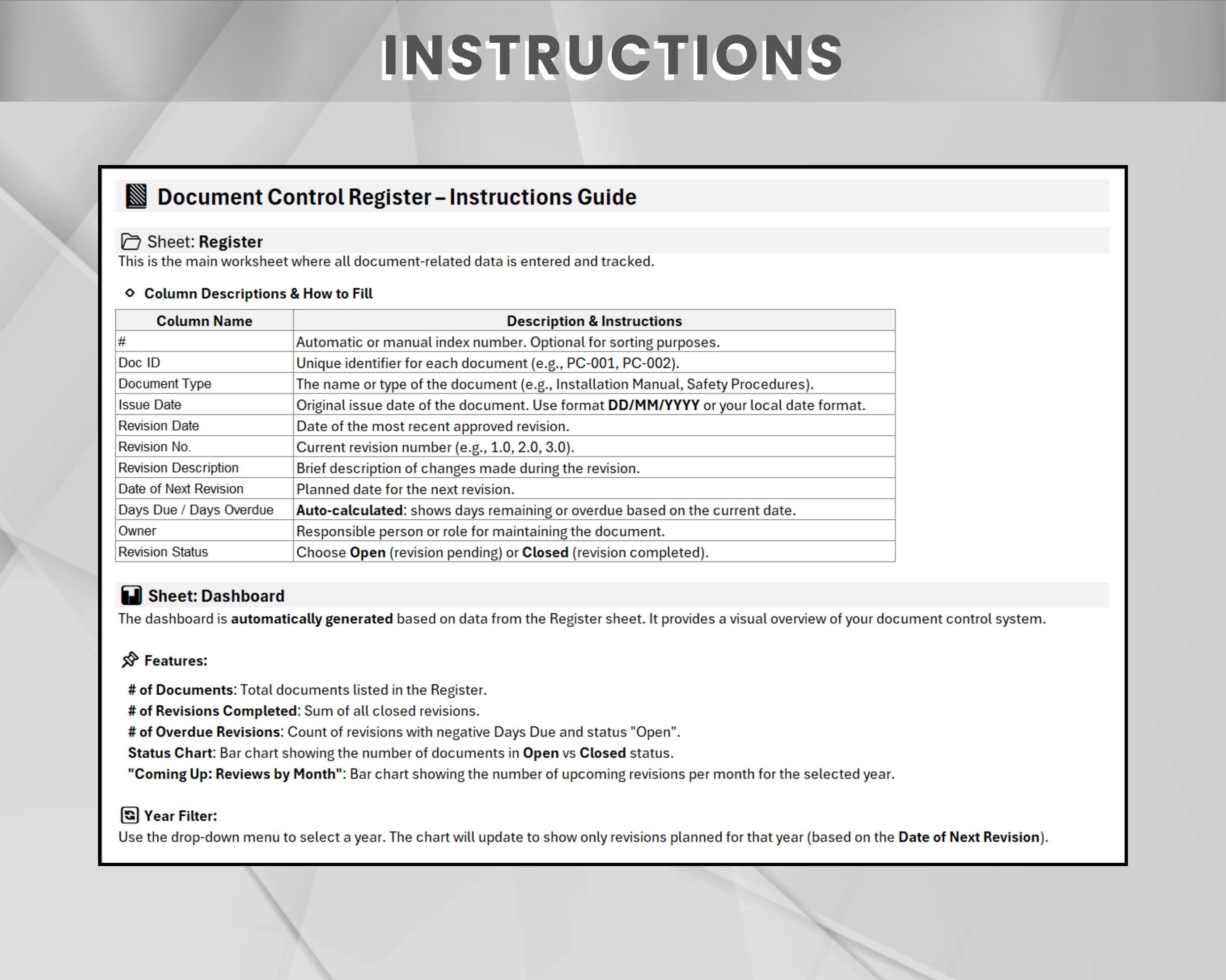 Document Control Register Excel Template With Automated Dashboard ...