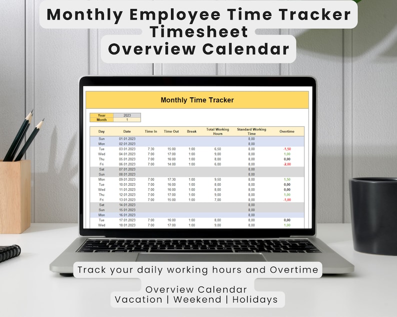 Monthly Employee Time Tracker | Timesheet | Working Hours | Vacation ...