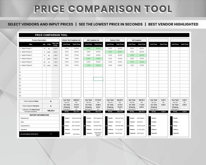 Vendor Price Comparison | Excel Template | Price Comparison Tracker ...