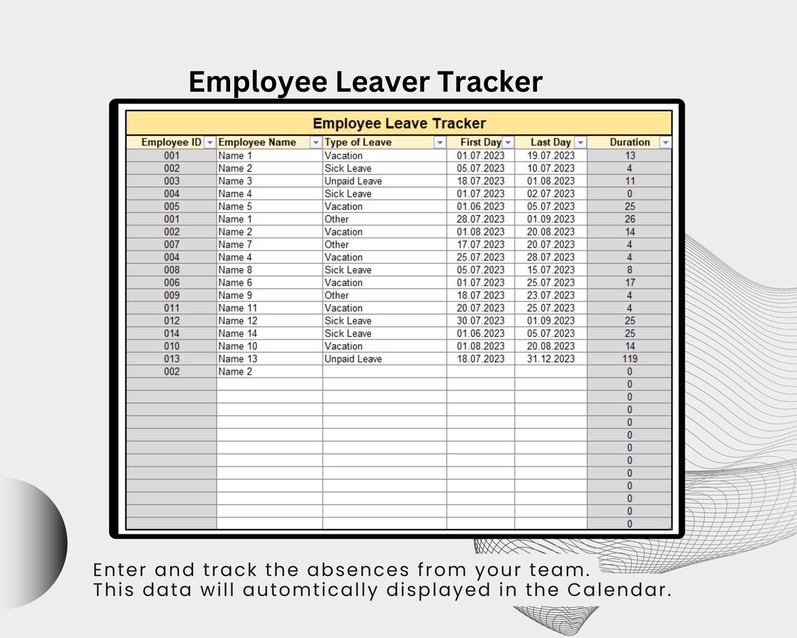 Employee Leaver Tracker Calendar Overview Vacation Sick Leave Time off ...