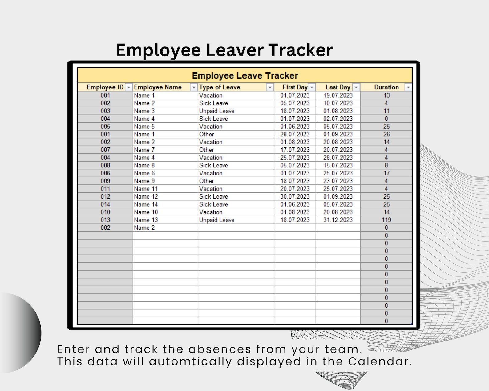 Employee Leaver Tracker | Calendar Overview | Vacation | Sick Leave ...