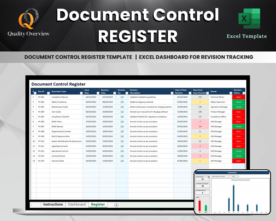 Document Control Register Excel Template With Automated Dashboard Track Revisions Due Dates
