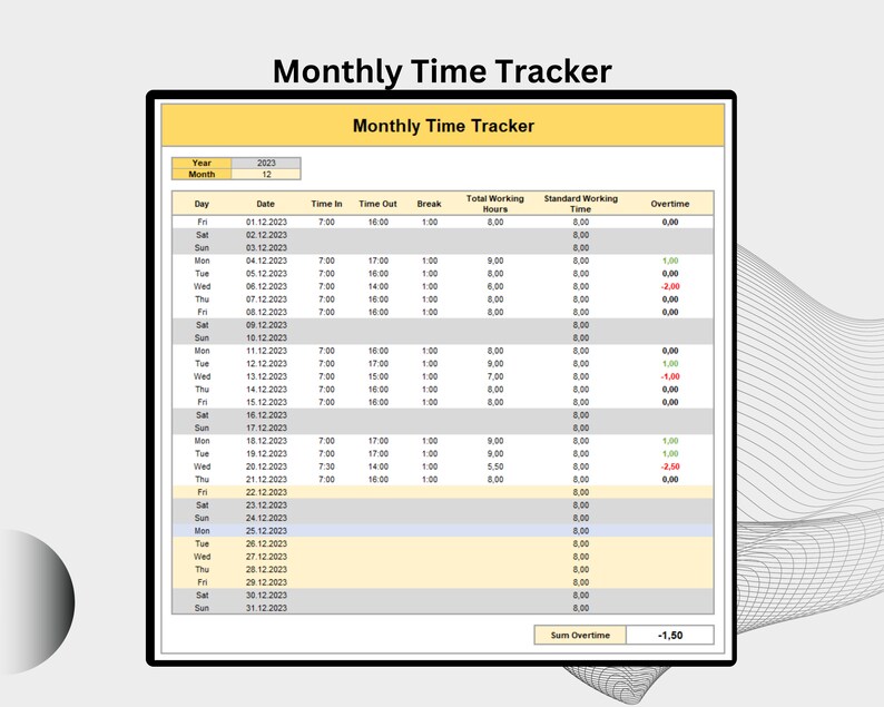 Monthly Employee Time Tracker Time Sheet Working Hours Vacation Overtime Calendar - Etsy