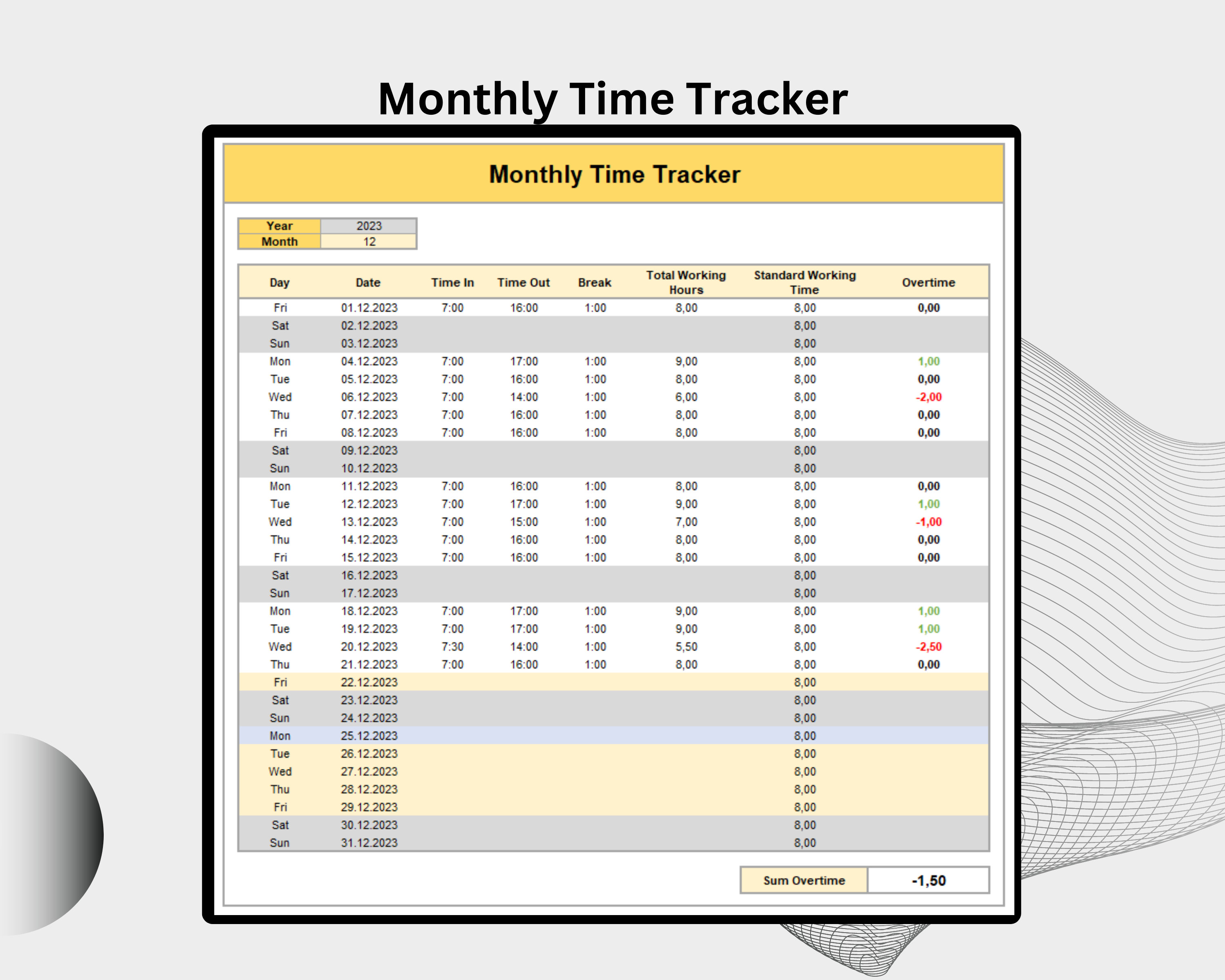 Monthly Employee Time Tracker Time Sheet Working Hours Vacation ...