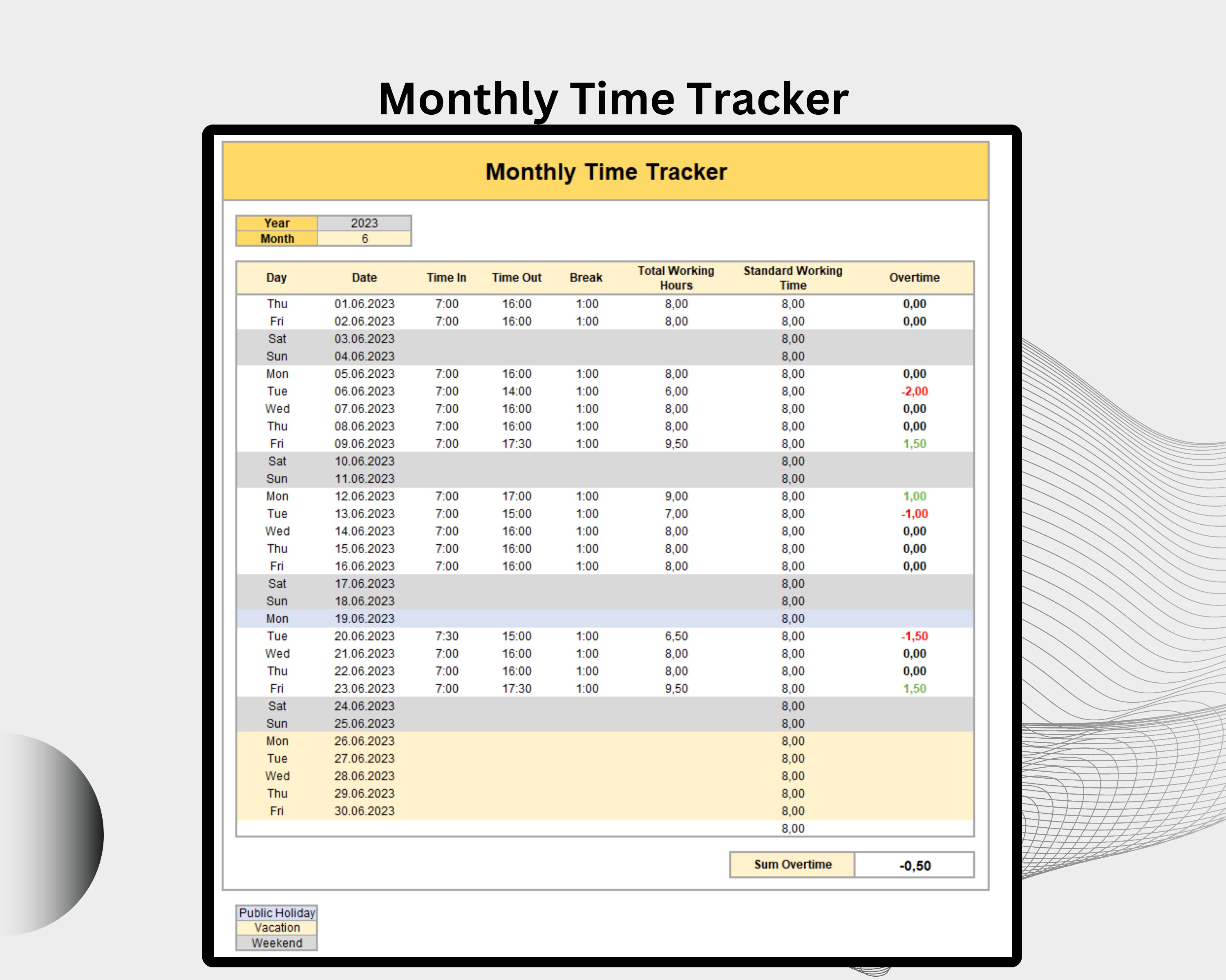 Monthly Employee Time Tracker | Timesheet | Working Hours | Vacation ...